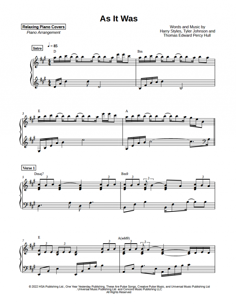 As It Was (Sheet Music) - Relaxing Piano Covers